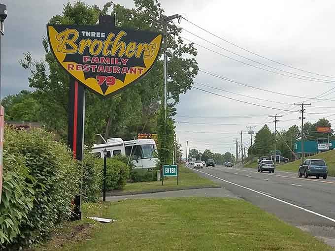 That retro sign beckons like a beacon of breakfast hope along Route 7, promising superhero-sized portions ahead.