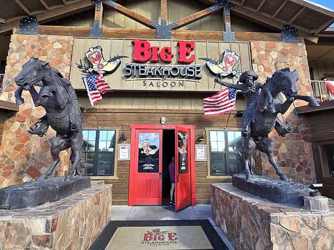 When a restaurant greets you with life-sized bronco sculptures and stone masonry, you know someone understood the assignment perfectly.
