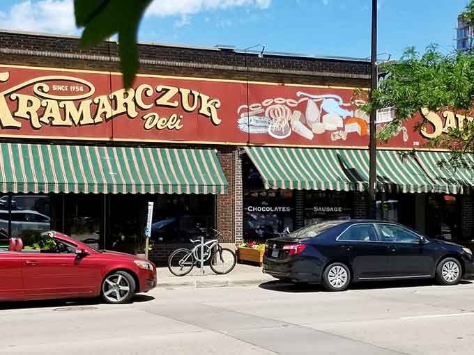 The striped awnings and classic storefront prove that some things get better with age, like fine wine and sausage shops.