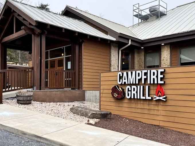Natural wood siding and mountain architecture set the scene perfectly. It's like a national park visitor center decided to serve dinner.