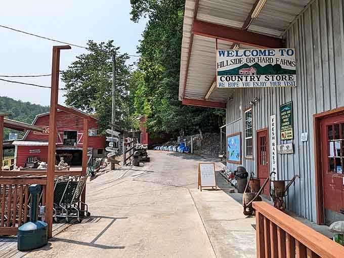 The welcoming country store entrance invites you to explore local goods and mountain-grown treasures within.