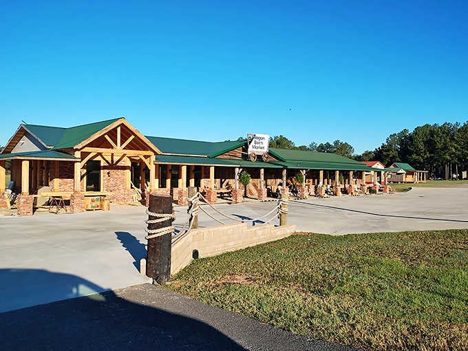 That green roof and timber frame architecture isn't trying to be rustic, it just is authentically country charm.