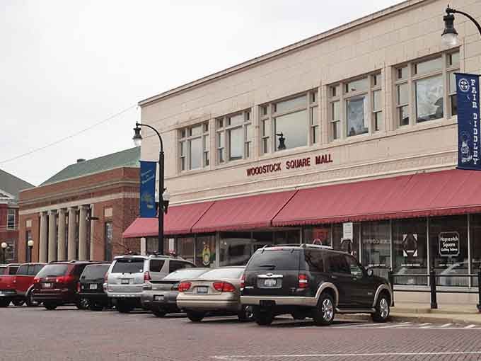 Woodstock Square Mall's classic facade shows how downtown shopping used to look before everything became a strip mall with identical chain stores everywhere.