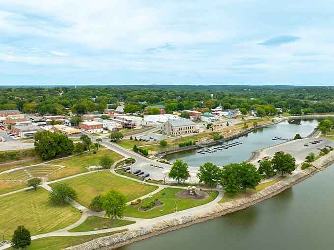 From above, Warsaw reveals its secret: a perfect marriage of historic downtown charm and waterfront living on Truman Lake.