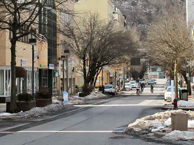 Winter streets lined with historic buildings remind you that real cities have character, not just chain stores.