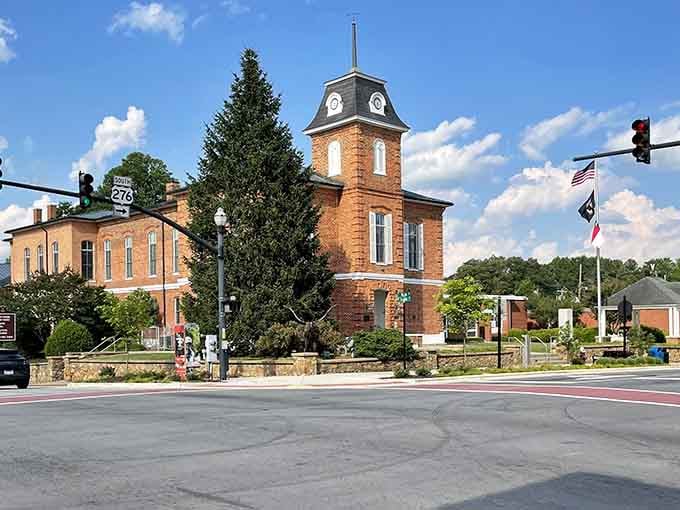 The Transylvania County Courthouse stands proud in brick and clocktower glory, silently judging your impulse purchases from every antique shop nearby.