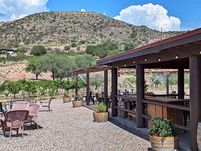 String lights and mountain views transform a simple patio into the kind of setting postcards try to capture.