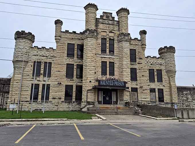 The "Haunted Prison" sign isn't exactly subtle, but then again, neither is this imposing structure looming over Joliet's landscape.