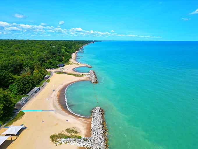 From above, those protective breakwaters create perfect swimming coves that look like nature's own infinity pools.