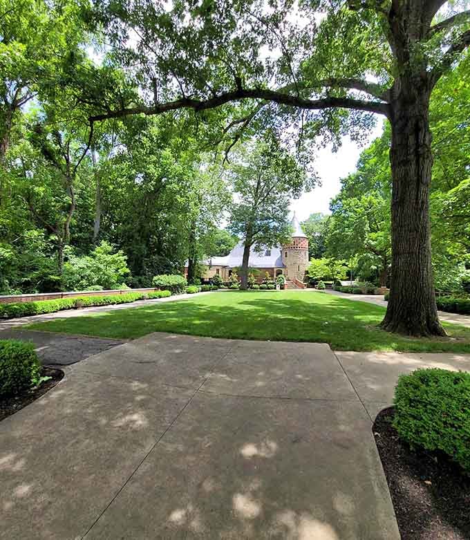 Manicured lawns meet wild forest in a combination that feels both civilized and wonderfully untamed at once.