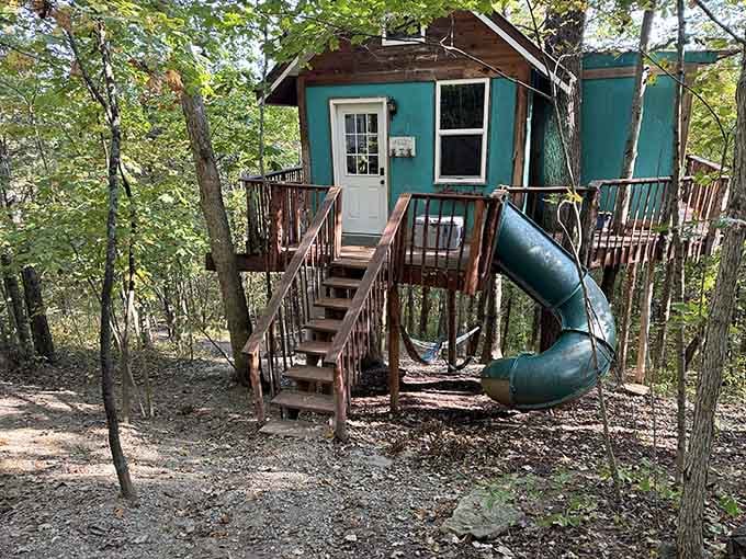 Complete with a slide for quick exits, this whimsical treehouse proves that grown-up getaways can still include a healthy dose of childhood fun.