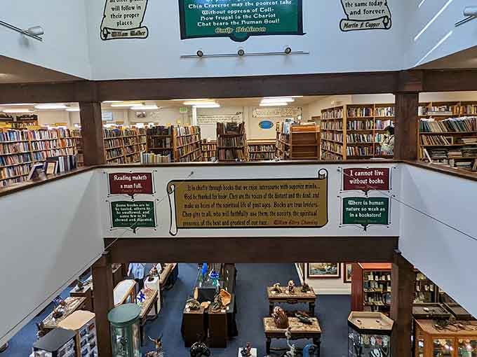 Looking down from the second floor feels like surveying your own personal library kingdom of endless possibilities.