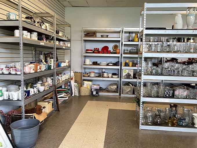 Shelves of dishes and glassware stand ready to outfit your kitchen without requiring a second mortgage payment.
