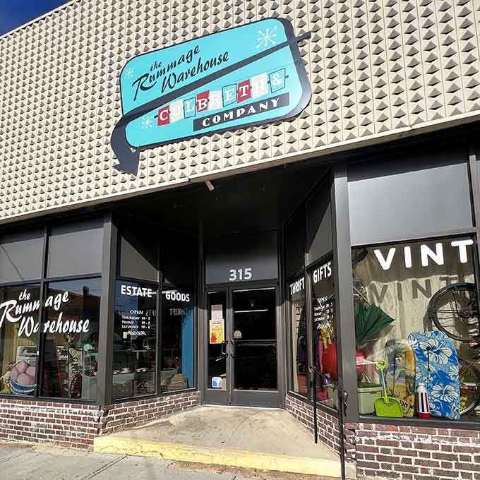 The retro sign and vintage storefront promise treasures within, like a time capsule waiting to be opened.