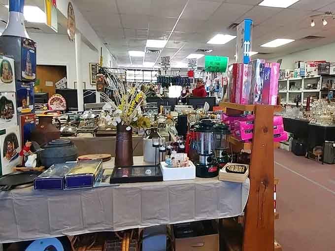 The indoor section offers everything from kitchen appliances to decorative finds, all neatly displayed for your browsing pleasure today.