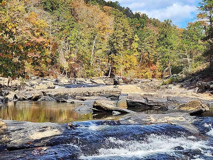 Water rushing over ancient rocks while fall colors explode overhead—nature showing off like it's got something to prove.