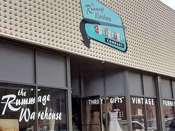 The cheerful signage spells it out clearly: thrift, gifts, vintage, and furniture all under one roof for one unbeatable price.
