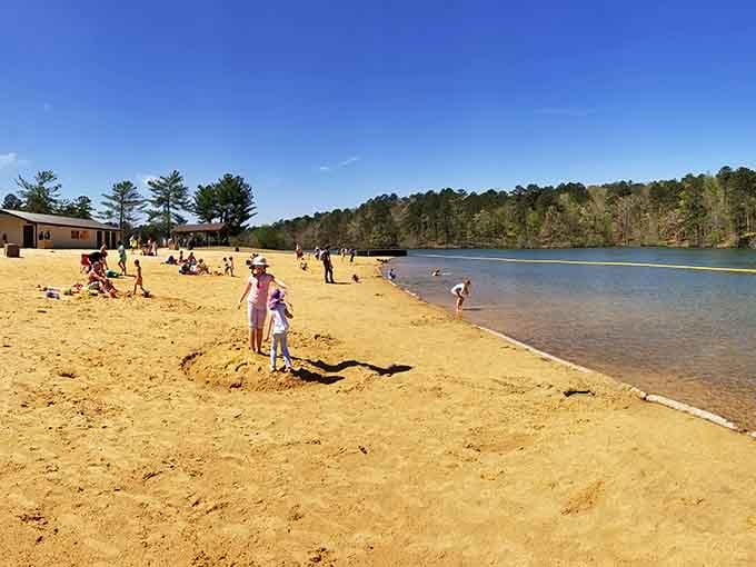 That sandy shoreline stretching along Double Oak Lake looks suspiciously like a beach vacation minus the sunburn regrets.