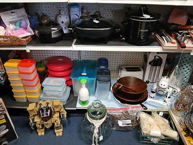 Shelves packed tighter than your grandmother's china cabinet, each item whispering stories from decades past.