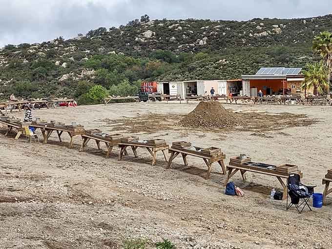 Those screening tables stretching across the dusty ground look like nature's own buffet line for treasure hunters.