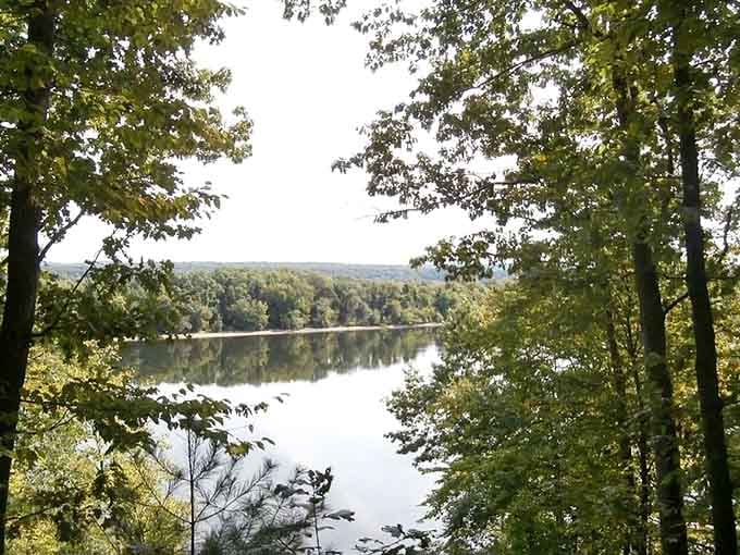 Through the trees, the Connecticut River stretches out like nature's own meditation app, minus the subscription fee.