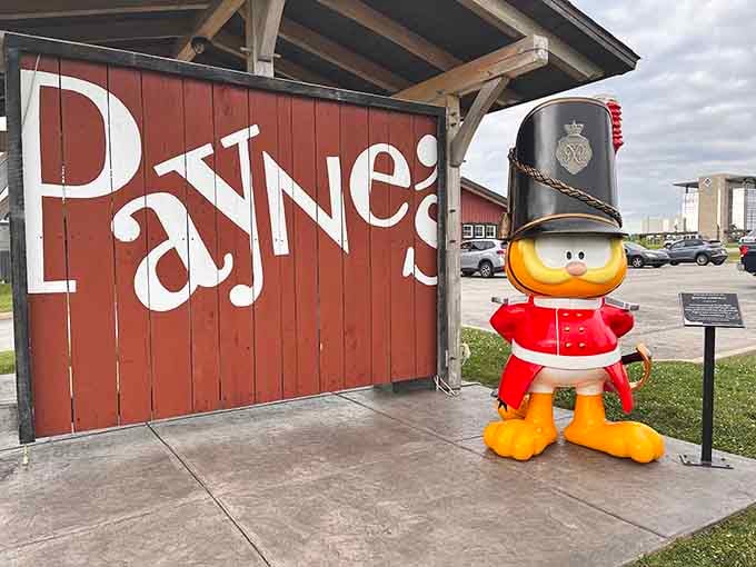 That cheerful British guard mascot outside Payne's Restaurant promises authentic UK cuisine in the heart of Indiana.