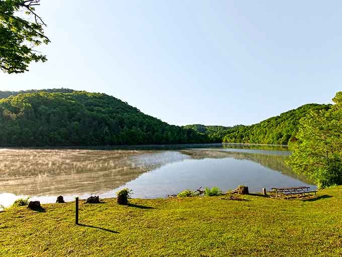 Morning mist rising off Dewey Lake creates the kind of peaceful scene that makes alarm clocks seem worth it.