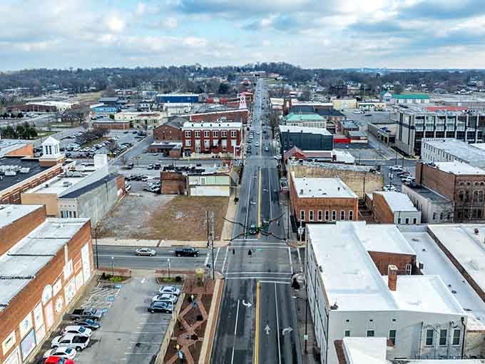 This bird's-eye view reveals a thriving small town where community still means something beyond a Facebook group.