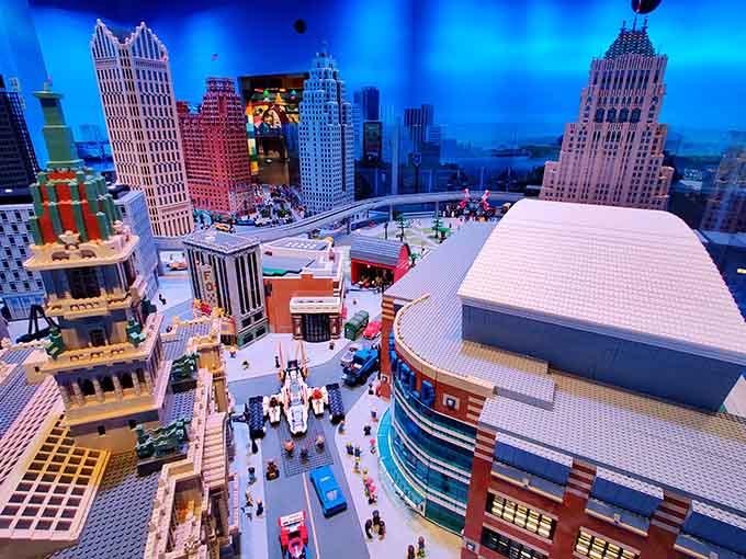 Detroit's skyline reimagined in millions of tiny bricks, where Renaissance Center stands proud in plastic perfection.