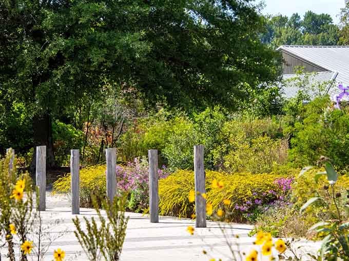 Those wooden pillars framing waves of golden grasses create a living sculpture that changes with every season.