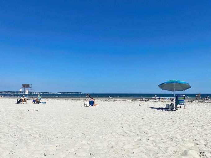 Miles of pristine sand stretching toward the horizon, proving paradise doesn't require a plane ticket after all.