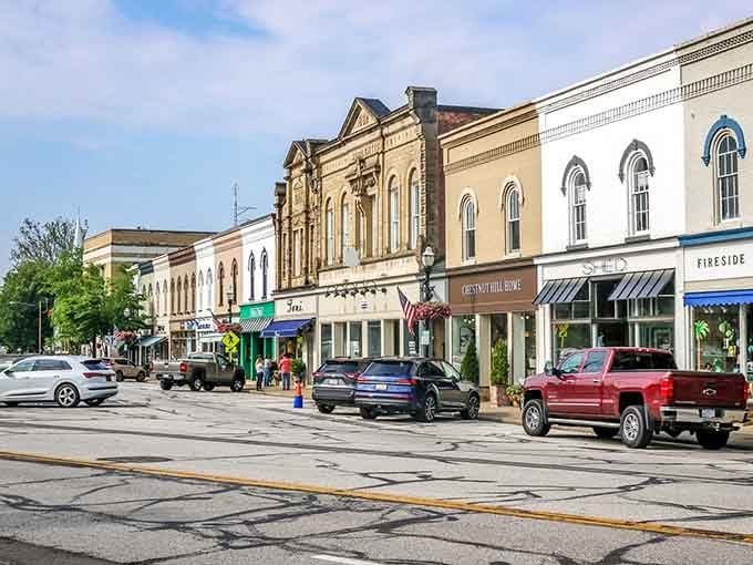 Historic storefronts line the streets where American flags wave and hanging flower baskets add splashes of color overhead.