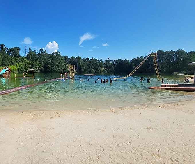 That sandy beach and those floating platforms aren't a mirage, they're your new summer headquarters.