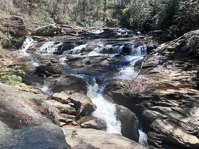 Water cascading over ancient rock like nature's own staircase to paradise.
