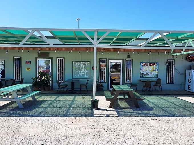 That turquoise awning and outdoor seating whisper promises of breakfast worth waking up for in tiny Hereford.