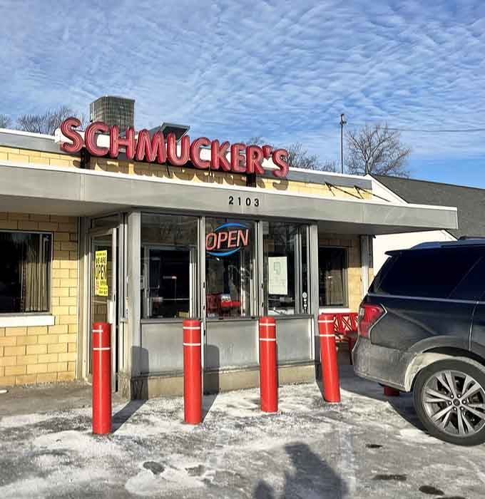 Those red bollards aren't just protecting the entrance, they're guarding the gateway to some of the best pie in Ohio.