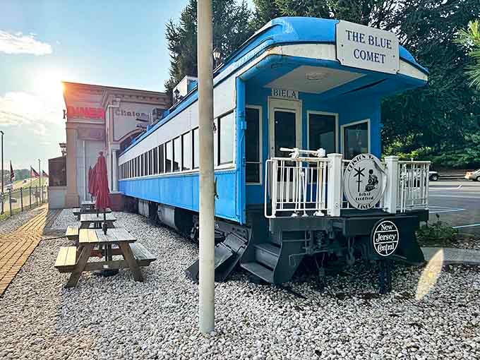The Blue Comet train car sits majestically on its tracks, ready to serve breakfast instead of boarding passengers.