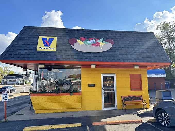 The distinctive blue roof and cheerful colors make Woofies impossible to miss, like a beacon of deliciousness guiding hungry travelers home.