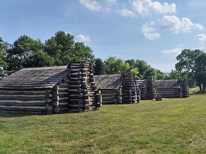 These reconstructed log cabins show where Continental Army soldiers endured the brutal winter of 1777-1778 without complaint.