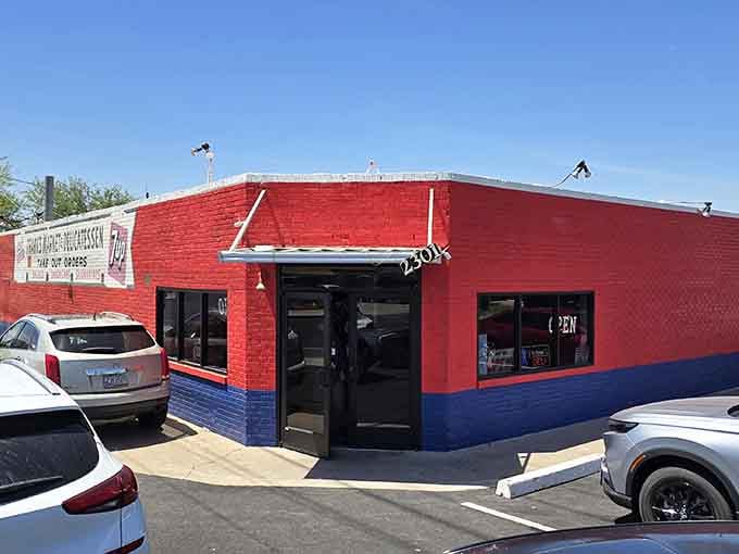 That bold red and blue exterior isn't just paint, it's a beacon calling you to sandwich salvation.