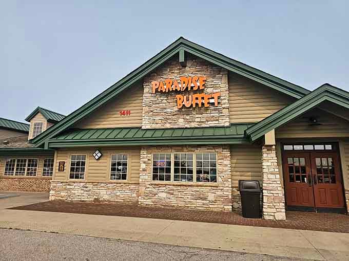 That stone facade and bold orange signage aren't just welcoming you, they're practically giving you a bear hug before you even walk in.