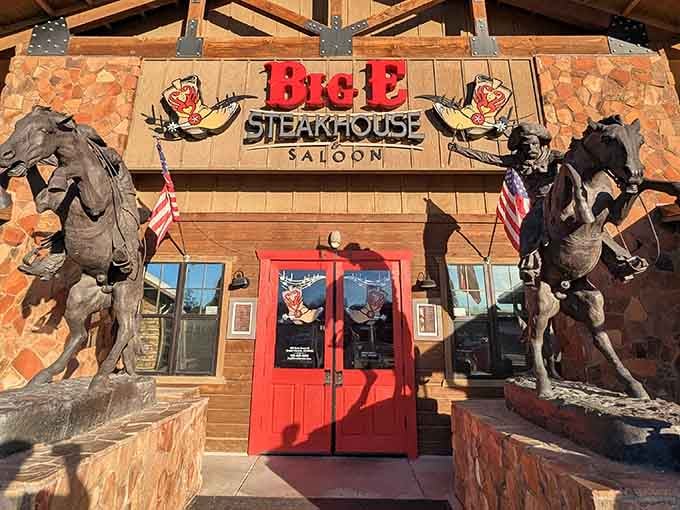 When a restaurant greets you with life-sized bronco sculptures and stone masonry, you know someone understood the assignment perfectly.