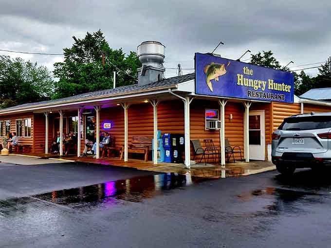 That blue bass isn't just decoration, it's a breakfast promise written in fish and wood siding.