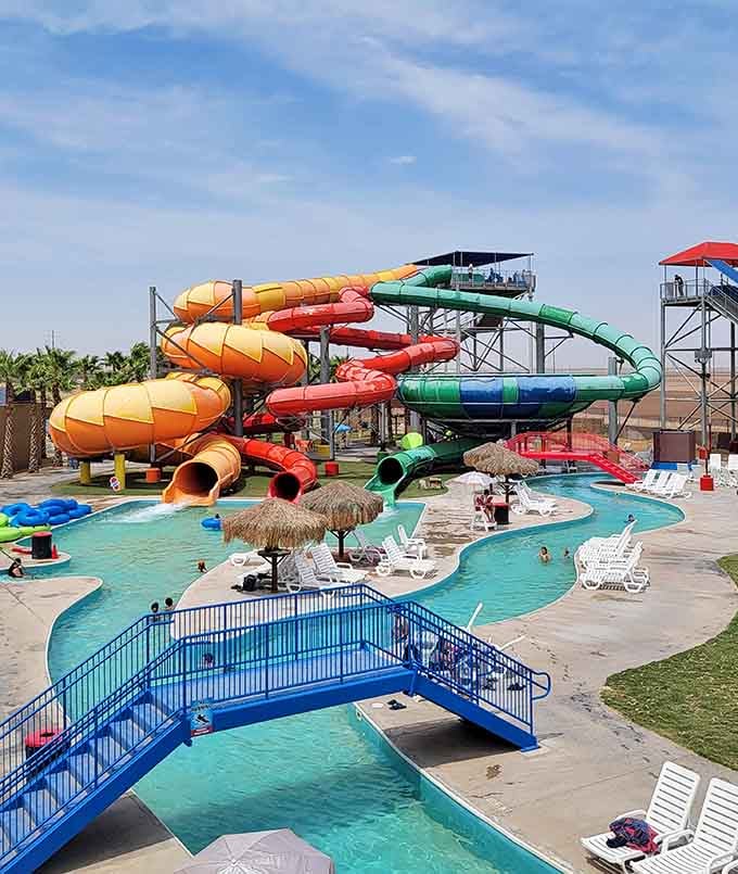 Those rainbow slides towering over thatched umbrellas create a desert mirage that's actually real and wonderfully wet.