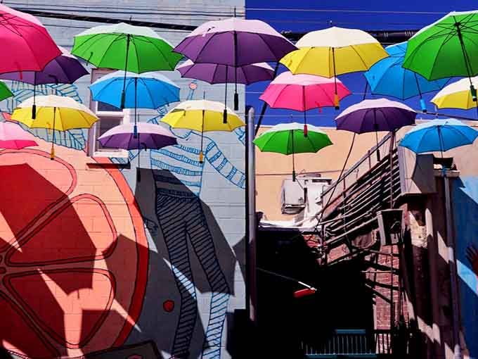A rainbow decided to retire from the sky and take up residence in downtown Redlands instead.