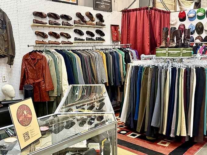 Vintage clothing racks where every piece has lived a life before yours, stories included at no extra charge.