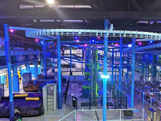 The blue steel framework creates an industrial playground that would make any architect weep with envy.