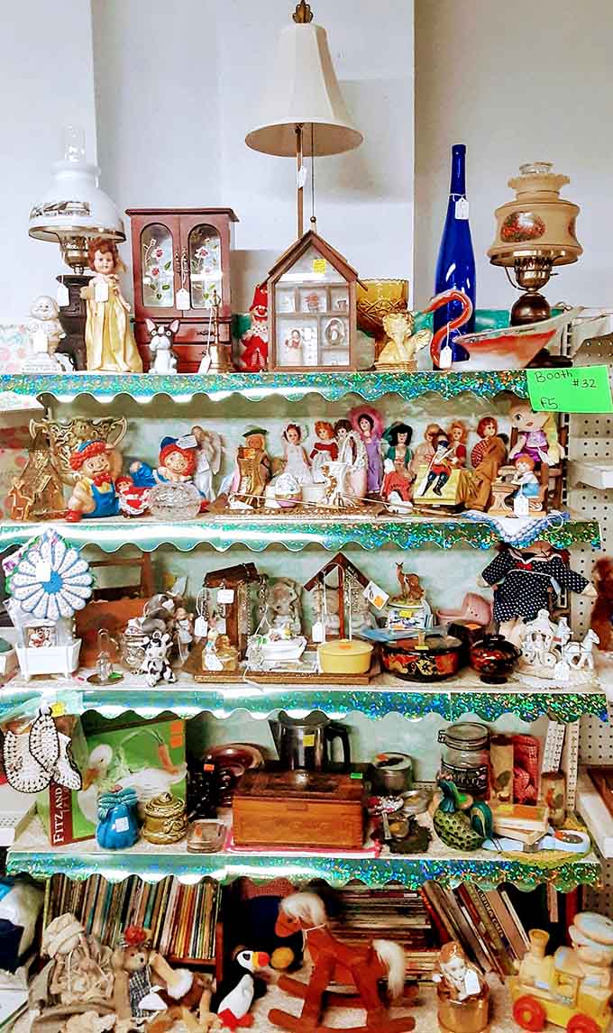 Shelves packed tighter than your grandmother's china cabinet, each item whispering stories from decades past.