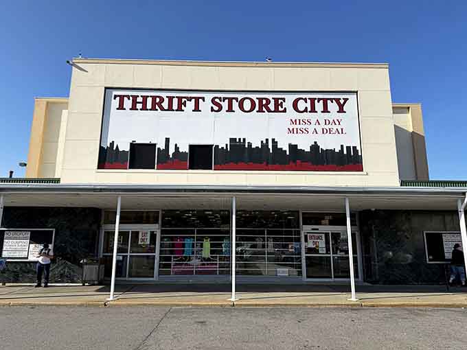 That cityscape silhouette on the storefront isn't just decoration, it's a promise of urban-scale treasure hunting ahead.