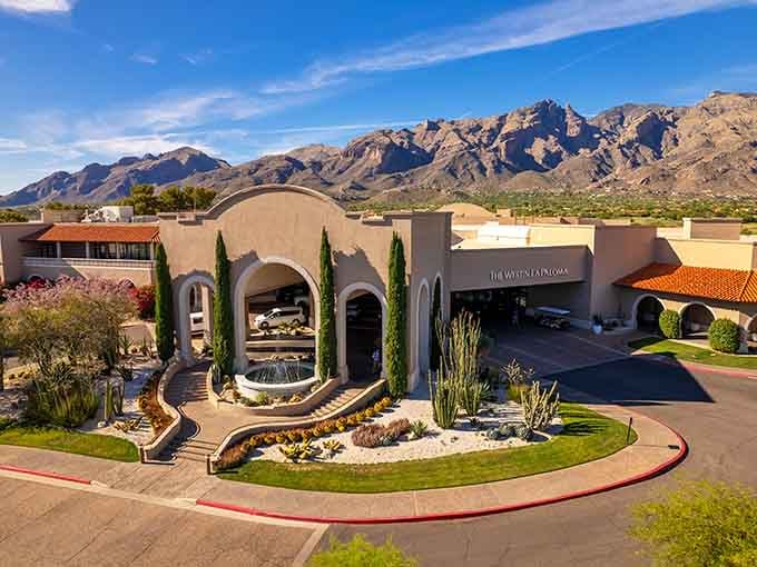 That grand entrance with the Santa Catalinas looming behind says "welcome to paradise" in the most Arizona way possible.